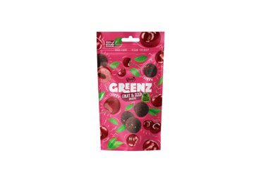 Vaisių ir sėklų užkandžiai RŪTA GREENZ su vyšniomis, 80 g | BARBORA